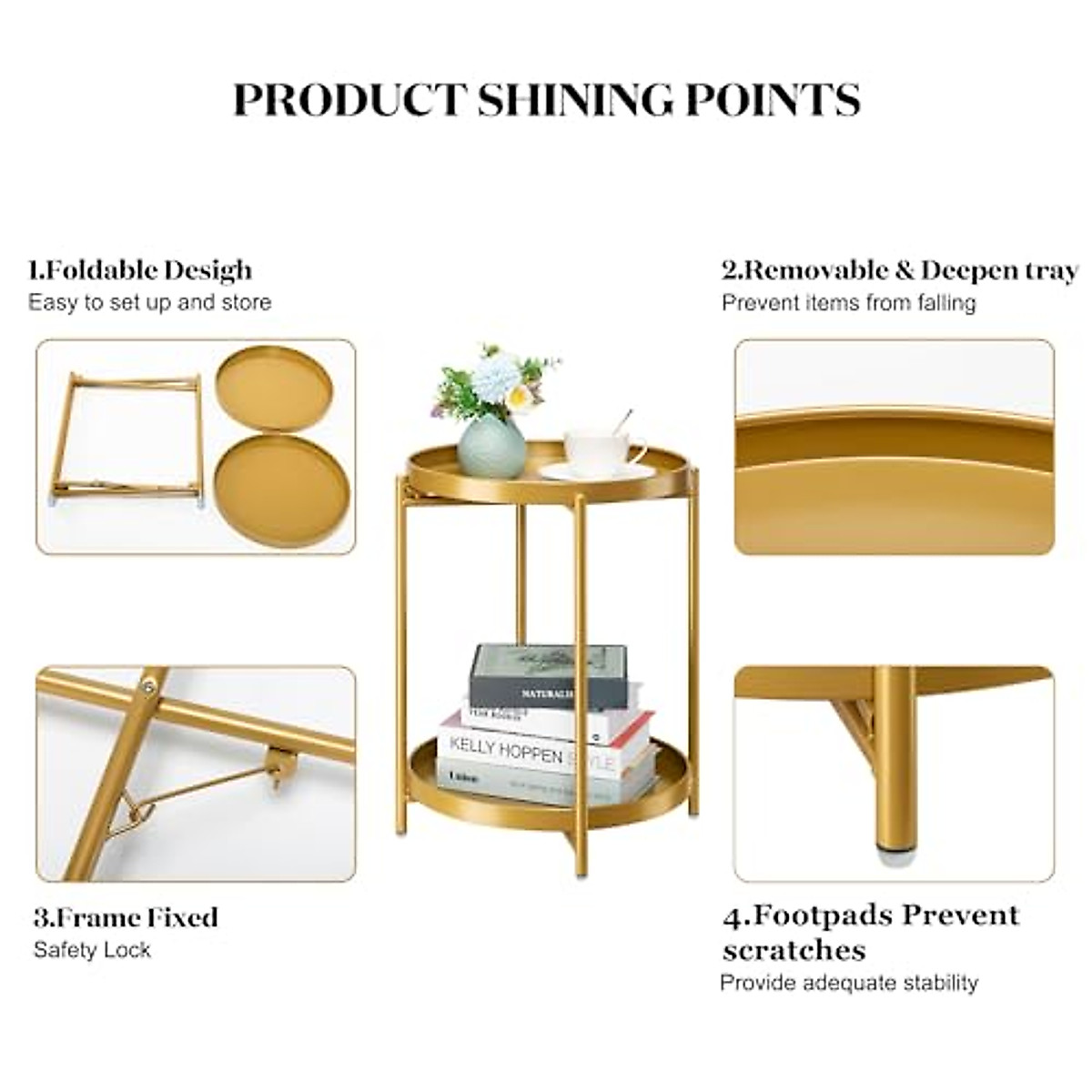 danpinera 2-Tier End Table, Outdoor Side Table Metal Round Side Table with Removable Tray, Small Folding Accent Table, Anti-Rust Nightstand for Bedroom Balcony Patio Living Room (Gold)