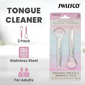 Tongue Scraper by Swissco | Stainless Steel Tongue Cleaner | Reduces Bad Breath, Improves Oral Care | Pack of 2 Tongue Scrapers
