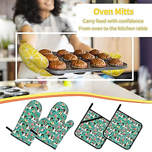 Floral Cow Oven Mitts and Pot Holders Sets, 4 Piece Set, Heat Resistant Polyester Gloves and Pads for Kitchen Cooking Baking Grilling BBQ
