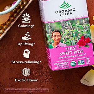 Organic India Tulsi Sweet Rose Herbal Tea - Holy Basil, Stress Relieving & Magical, Immune Support, Adaptogen, Vegan, USDA Certified Organic, Non-GMO, Caffeine-Free - 18 Infusion Bags, 3 Pack