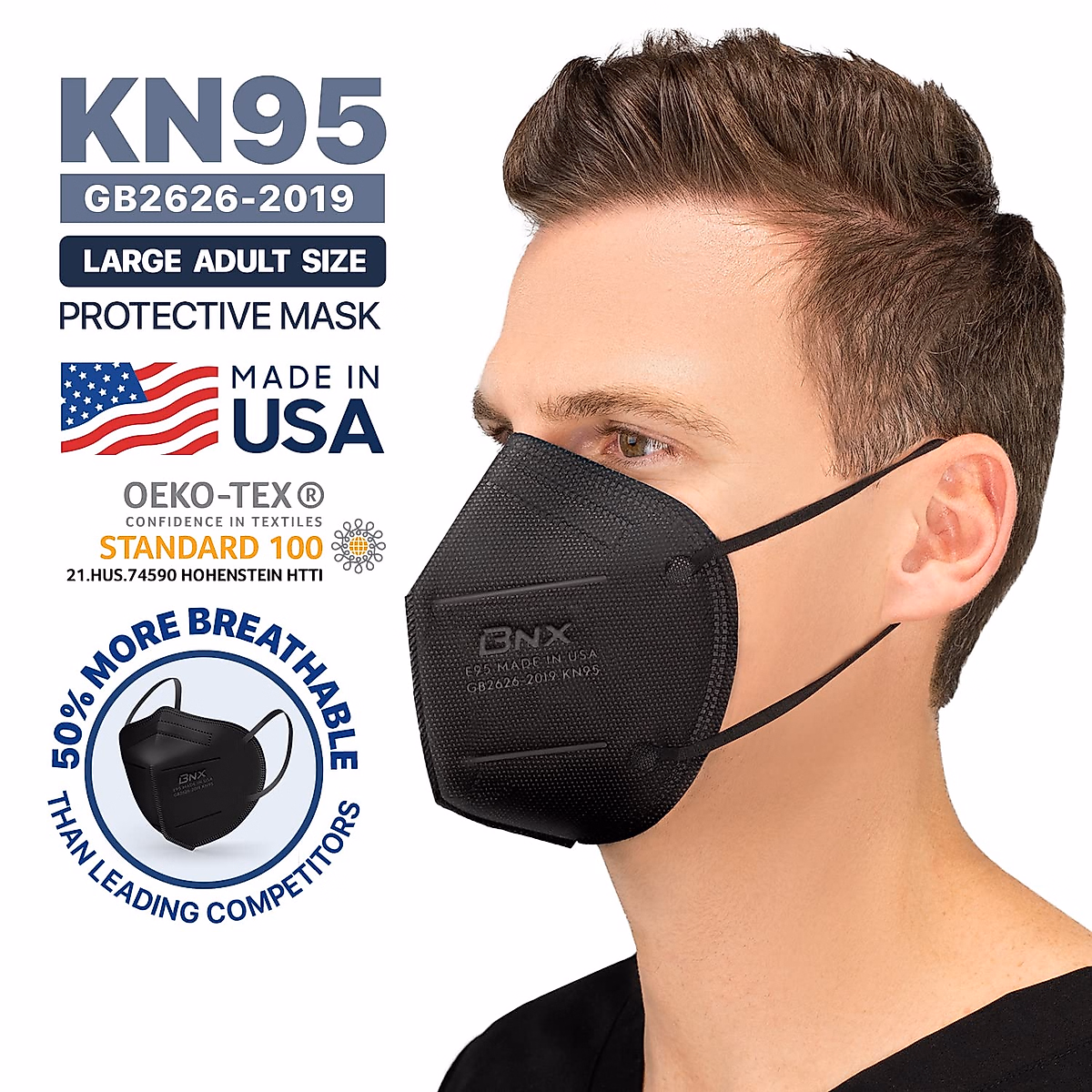 BNX KN95 Face Mask Made in USA (20-Pack), FDA Registered KN95 Mask Disposable Particulate Protective Mask, GB2626-2019, Protection Against Dust, Pollen and Haze (Earloop) (Model: E95) Black