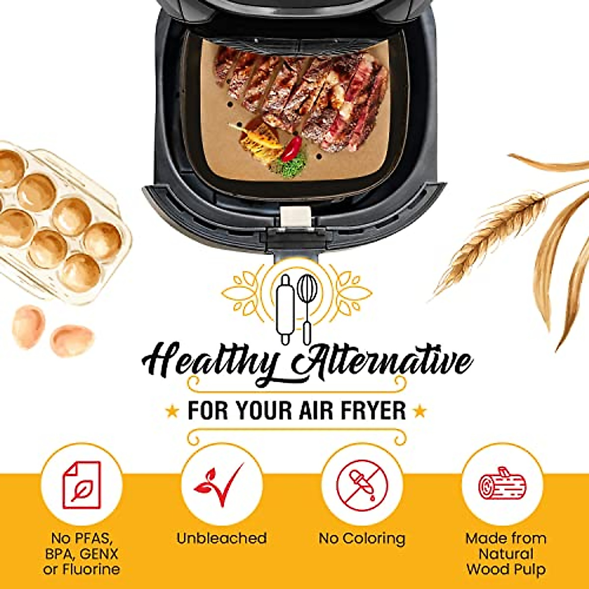 Bamboo Steamer Liner, 8.5" Air Fryer Parchment Paper Liners Sheets – 220pcs Unbleached Bamboo Steamer Basket Liners – Easy Cleanup, Will Not Burn or Curl, Non-Toxic & Volume Pack by Baker’s Signature