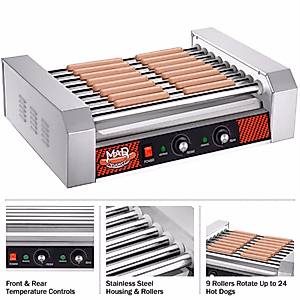 Great Northern Popcorn Hot Dog Roller Machine - Stainless-Steel Cooker with 9 Rollers - Cooks 24 Hot Dogs - Concession Stand Supplies