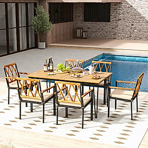 Tangkula 7-Piece Patio Dining Set, Acacia Wood Outdoor Furniture Set with 2” Umbrella Hole and Seat Cushions, Rectangular Dining Table and 6 Chairs Set for Patio Garden Poolside Backyard