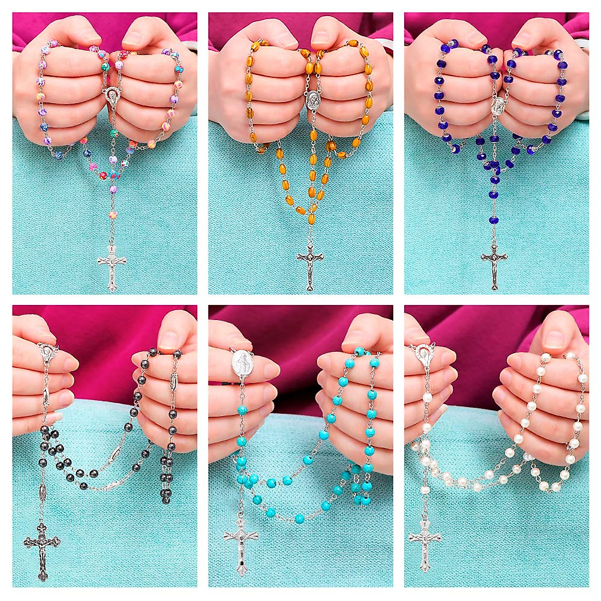 YWLI 7 PCS Rosary Beads Catholic for Woman - Confirmation Gifts for Teenage Girl, 7 Day Rosary, Various Styles of Rosary Necklace Set, Cross Rosary Necklace for Women