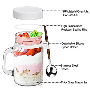Nidhdsda Overnight Oats Containers with Lids and Spoon Set of 2, 16 OZ Mason Jars with Handle for Overnight Oats Jar Glass Oatmeal Containers for Cereal, Yogurt, Fruit, Salad, Chia Pudding(White)