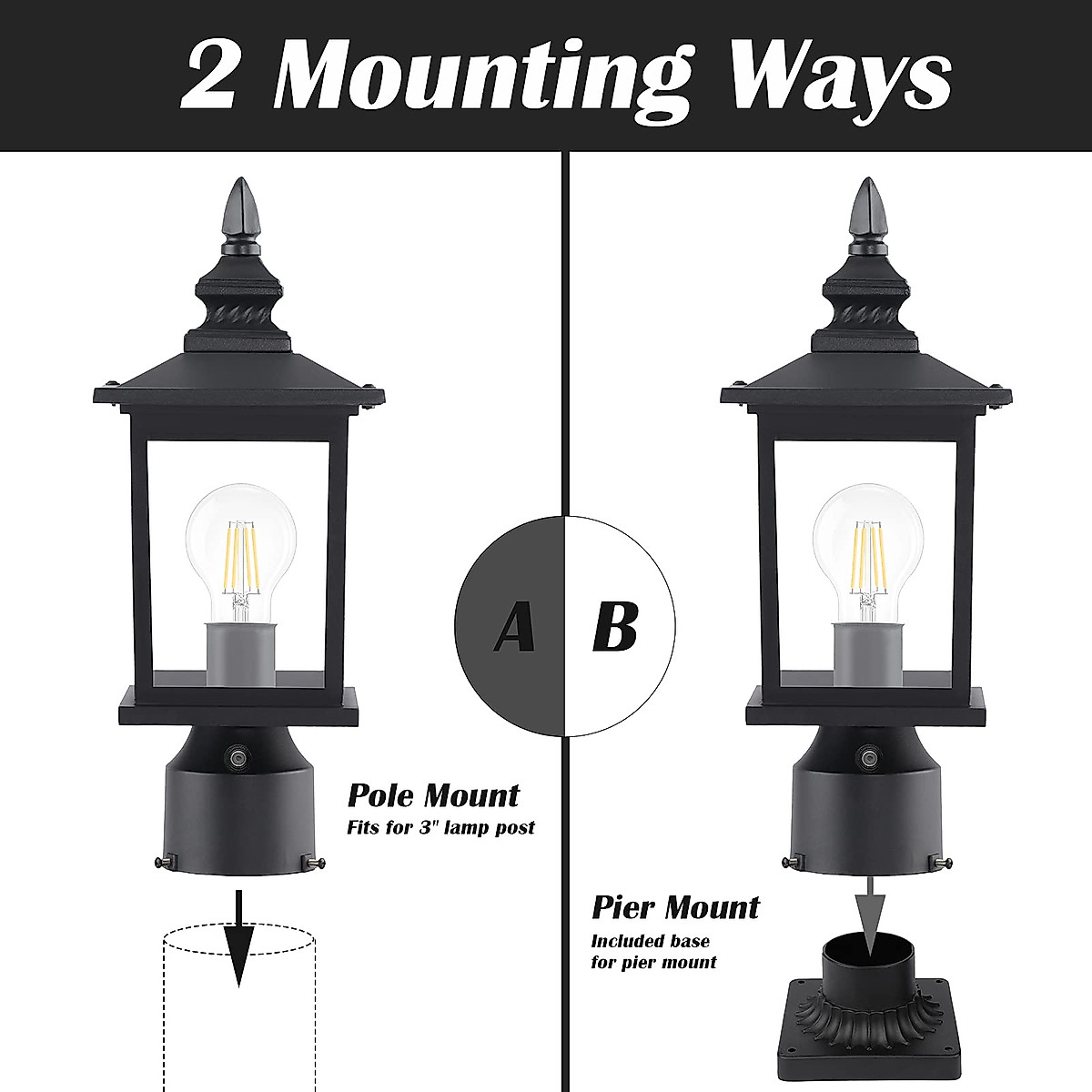 PARTPHONER Dusk to Dawn Outdoor Post Lights with Pier Mount Base, Waterproof Outside Pole Lantern Light Fixture, Exterior Lamp Post Lantern Head with Clear Glass Panels for Garden Patio, 2 Pack