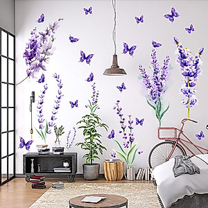 Removable Purple Lavender Wall Decals Purple Flowers Butterfly Wall Stickers DIY Removable Watercolor Floral Flowers Butterfly Wall Art Murals for Kids Girls Bedroom Living Room Nursery Office DT-6009