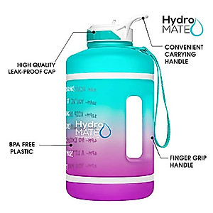 NatureWorks HydroMATE 64 oz Water Bottle with Time Markers BPA Free Reusable Leak Proof Jug with Straw and Handle 64 oz (Turquoise Purple)