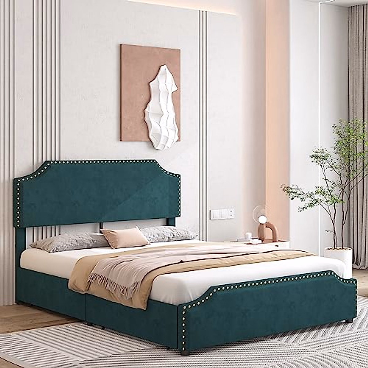 bzbbzc Queen Size Velvet Upholstered Platform Bed Frame with 4 Storage Drawers and Headboard, Rivet Curved Adjustable Headboard/Strong Wooden Slats/Easy Assembly/Green