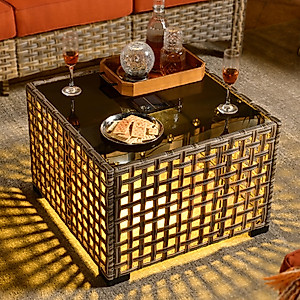 ovios 7 Piece Outdoor Patio Furniture with Glowing Coffee Table, Rattan Wicker Coversation Set with Sofa, Sectional Single Chairs for Outside Porch Balcony Backyard Pool,Beige