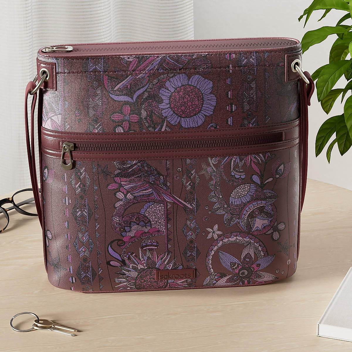 Sakroots Artist Circle Flat Crossbody in Eco Twill, Adjustable Crossbody Strap, Burgundy Spirit Desert