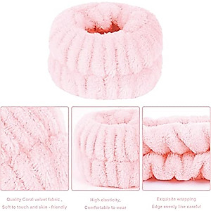 Spa Headband Wrist Towels Scrunchies/Wristband Set for Washing Face, Skincare Headbands for Women Terry Towel Cloth Fabric Puffy Sponge Facial Headband Hair Bands Wristbands for Makeup, Shower Pink