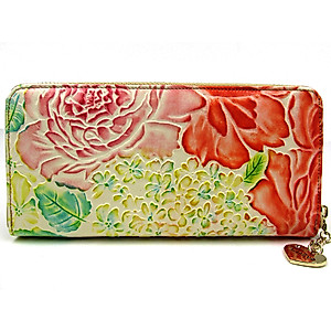 ArtsEye Peony Collection Embossed Genuine Leather Zip Purse (Orange)