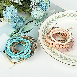 SAILIMUE 4 Sets Bohemian Stackable Bead Bracelets for Women Multicolor Stretch Beaded Bracelets Layered , Adjustable Bracelet Pink Black Turquoise Stretch Bracelets