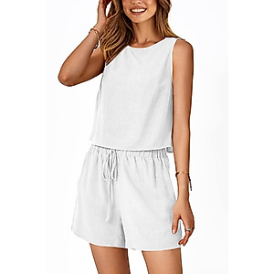 PRETTYGARDEN Women's 2024 Summer 2 Piece Outfits Casual Button Back Crop Tank Tops and High Waist Shorts Set (White,Medium)