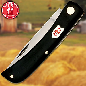 KISSING CRANE Black Pocket Farmer Knife | 3" Stainless Steel Blade | Synthetic Handle | Brass Liners | 3 5/8" Closed