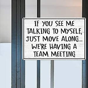 Funny Office Decor Signs - If You See Me Talking To Myself We're Having A Team Meeting, Cubical Office Door Accessories Office Wall Decorations Aluminum Sign Women Gift