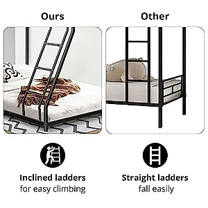 Metal Bunk Bed Frame, Twin Over Full Bunk Bed with Ladder and Full-Length Guardrail, Sturdy Support Slats for Teens Adults, Noise Free, Black
