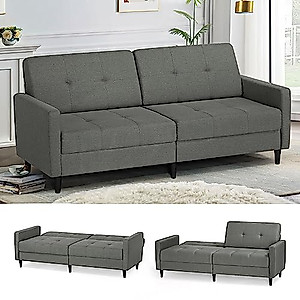 Imseigo Adjustable Sofa Bed, Fabric Linen Folding Futon Sofa, Convertible Couch Sleeper, Upholstered Loveseat Futon Couch Bed, Reversible Home Recliner for Small Space, Living Room, Office (Grey)