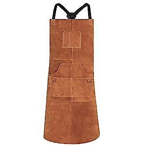 QeeLink Leather Welding Apron with 6 Pockets - Heat & Flame-Resistant Apron, 24'' X 42'', Adjustable M to XXXL