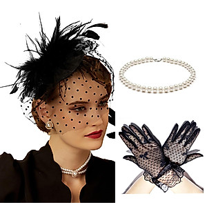 Cizoe Black 1920s Fascinator Hats for Women 20s 50s Vintage Feather Hat,Necklace,Gloves,Earrings(A-Big feather set)