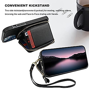 Bocasal RFID Blocking Wallet Case for iPhone 13 Pro Max, Adjustable Crossbody Zipper Purse Case Card Holder with Kickstand Detachable Wrist Strap, PU Leather Flip Folio Case 6.7 Inch 5G (Black)