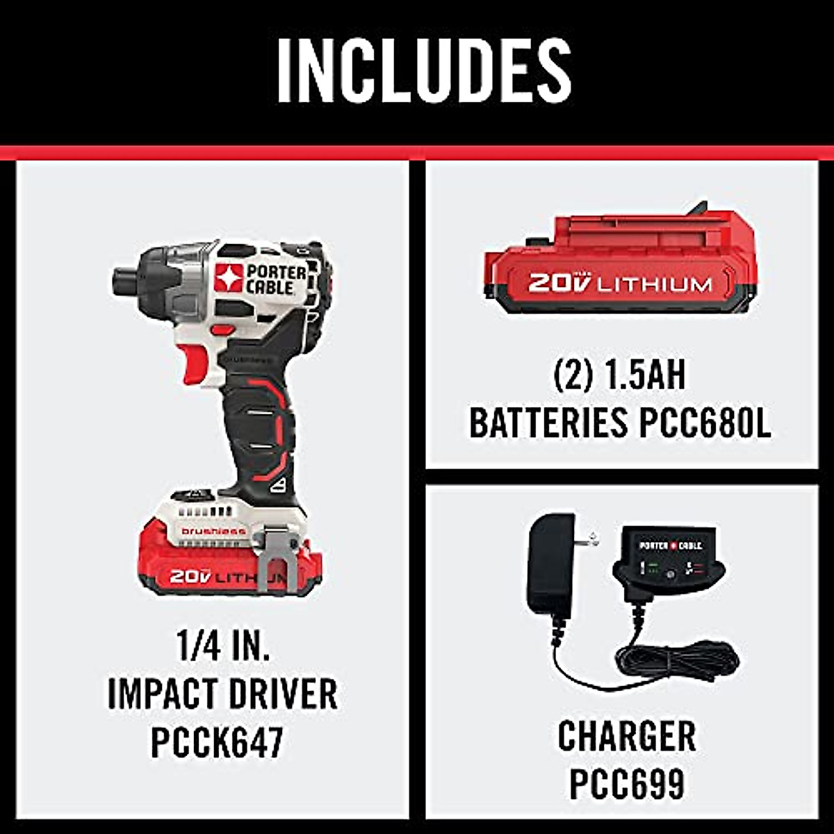 PORTER-CABLE 20V MAX Impact Driver Kit, 1/4 Inch, 2,700 RPM, Battery and Charger Included (PCCK647LB)
