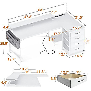 ODK 63 inch L Shaped Computer Desk with USB Charging Port & Power Outlet, L-Shaped Corner Desk with 4 Tier Drawer & Monitor Shelf for Home Office Workstation, Modern Style Writing Table, White