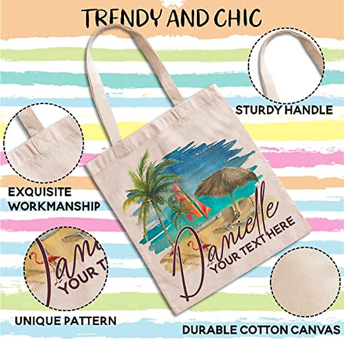 Lara Laser Works Personalized Tote Bag for Women, Custom Summer Bag w/ Name and Text, Canvas Tote Bag with 8 Designs, Tropical Beach Bag, Vacation Gifts for Her