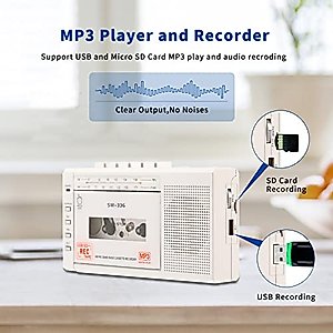 Portable Cassette Player Recorder, Cassette to MP3 Digital Converter via USB or Micro SD Card, Powered by AC or 4 AA Battery AM FM Radio Tape Walkman, Build-in Speaker and Microphone