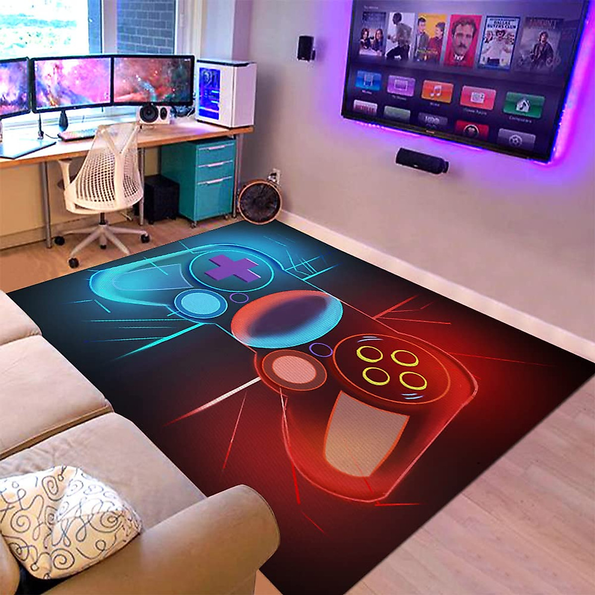 Tveinard Teens Boy Game Rug Gamepad Living Room Carpet Gamer Bedroom Controller Player Home Decor Non-Slip Gaming Carpet 39''*59''