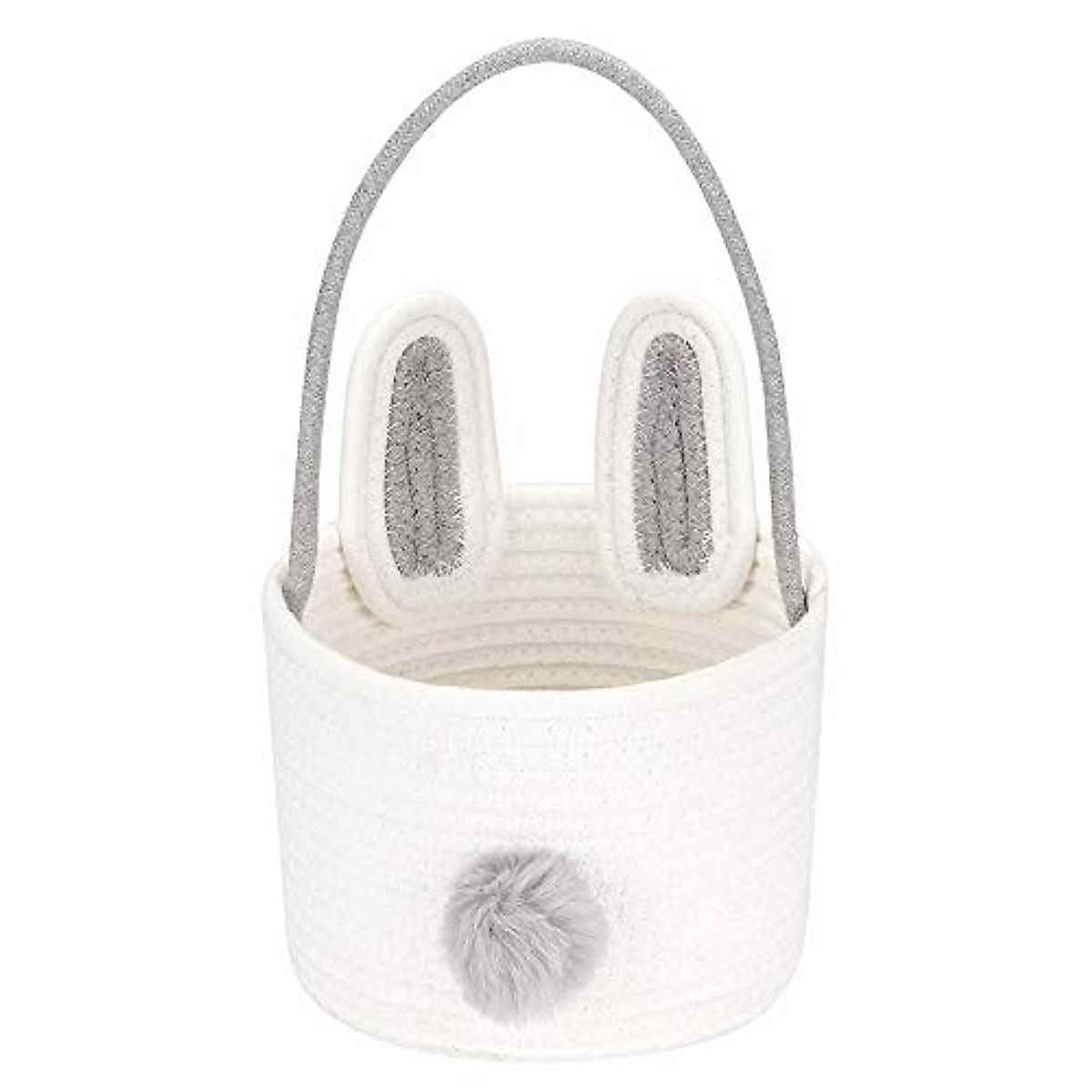 Sea Team Easter Bunny Basket for Eggs Hunt, Easter Eggs Bucket, Small Woven Cotton Rope Tote Bag with Rabbit Ears & Fluffy Tail for Kids, Easter Days Decoration, Party, Holidays, Gray