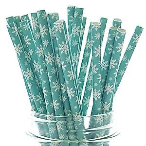 Snowflake Party Straws (50 Pack - Red & Teal) - Winter Holiday Christmas Party Supplies, Snowflake Paper Straws, Snowman / Red & Green Frozen Party Decorations