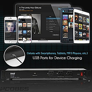 Pyle 19 Outlet 1U 19" Rackmount PDU Power Distribution Supply Center Conditioner Strip Unit Surge Protector 15 Amp Circuit Breaker USB Multi Device Charge Port 15FT Cord (PCO860) Black