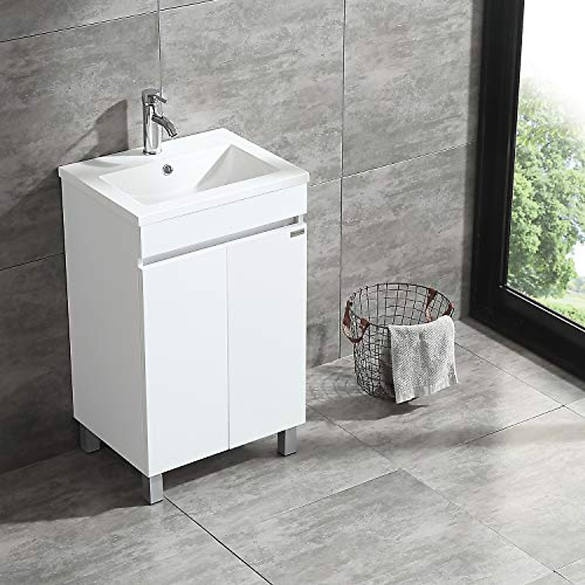 Sliverylake 20 Inch Free Standing Bathroom Vanity Cabinet with 2 Doors Undermount Resin Sink and Chrome Faucet Combo White