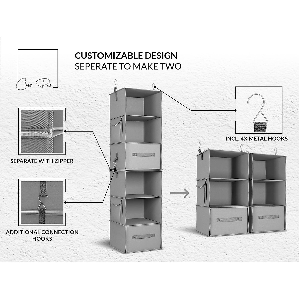 Chez Pao 6-Shelf Hanging Closet Organizer with 3 Drawers & 3 Shelves - Closet Organizers and Storage - Closet Organization - Incl. 2 Packing Cubes