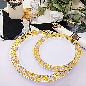 WELLIFE 350 Pieces Gold Plastic Dinnerware,Disposable Gold Lace Plates, Include:50 Dinner Plates,50 Dessert Plates, 50 Pre Rolled Napkins with Gold Silverware and 50 Cups