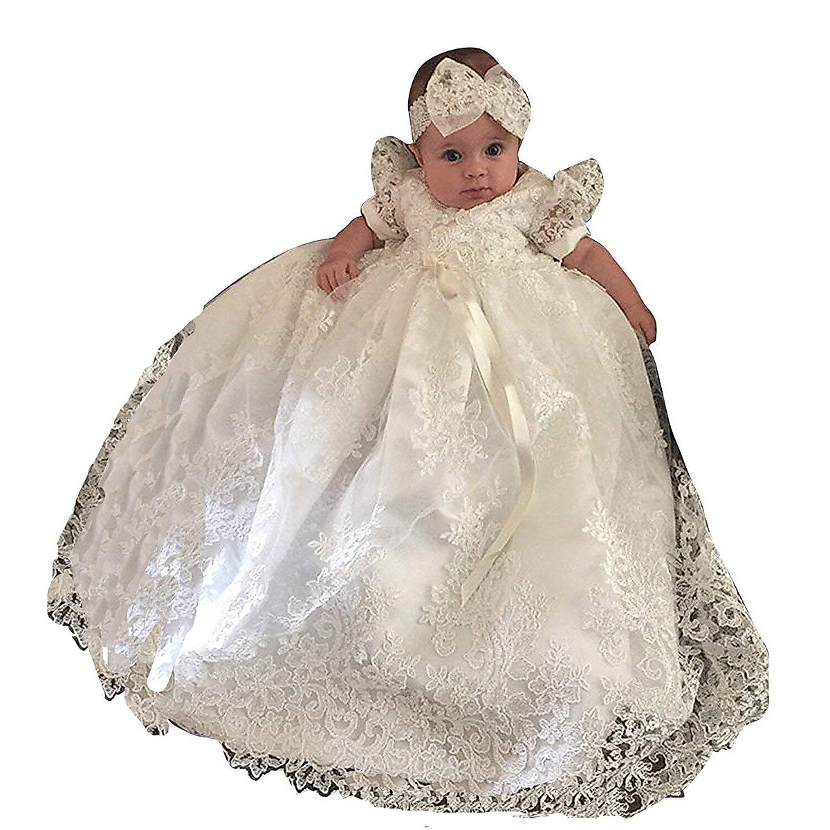 Newdeve Baby-Girls Lace Beads Infant Toddler White Christening Gowns Long (9-12 Months, Ivory)
