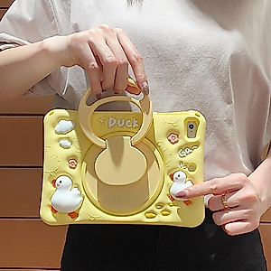 Premium Cute Soft Silicone Yellow Duck Kawaii Pattern Tablet Case with Built-in Foldable Kickstand and Lanyard Shockproof Cover Case for iPad Air 2/ iPad 6/Pro 9.7"