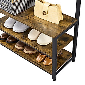 Yaheetech 3-in-1 Design Hall Tree Coat Rack Shoe Bench with 23 Hooks, Entryway Storage Shelf Bench with Metal Frame, Industrial Accent Furniture for Mudroom & Hallway, Easy Assembly, Rustic Brown
