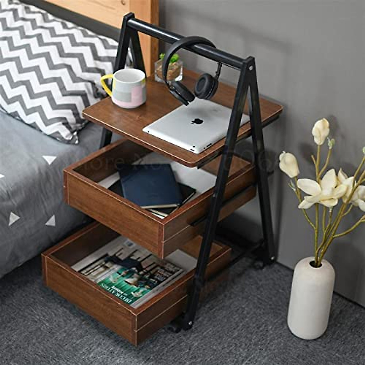 HIGOH Bedside Table Simple Mobile with Locker Side Corner Table Small Coffee Table Sofa Side Table Lazy Bedside Table
