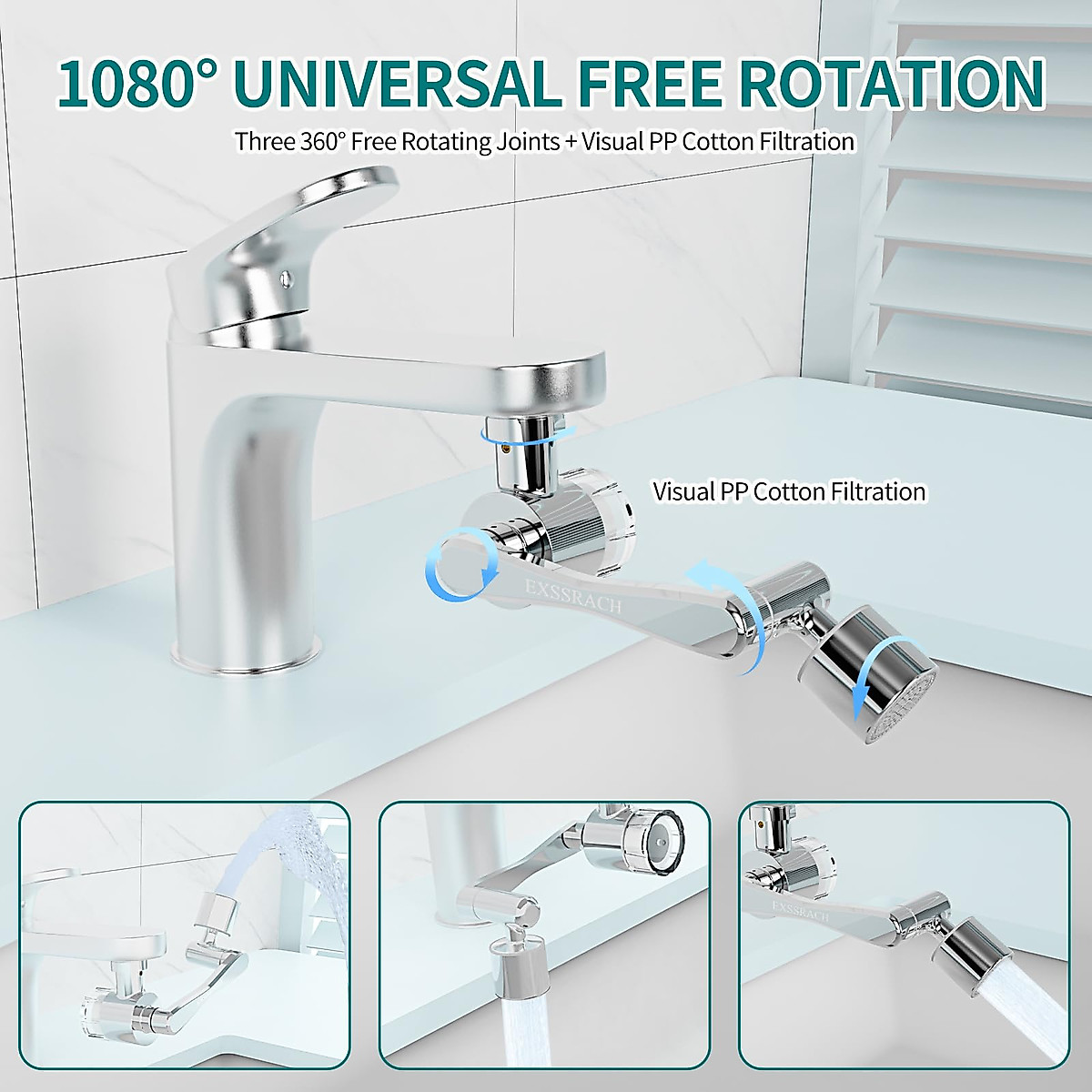 EXSSRACH 1080° Rotating Faucet Extender with Filter Cotton, Multifunctional Swivel Extension Robotic Arm Sink Aerator for Kitchen/Bathroom, 2 Water Outlet Modes, Silver