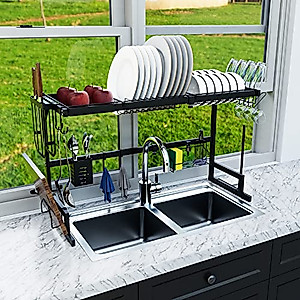 HEITICUP 2 Tier Dish Drying Rack, Adjustable & Space-Saving Over The Sink Dish Drying Rack(from 25.6" to 33.5") Multifunctional Black Stainless Steel Dish Drying Rack
