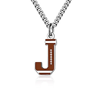 AIAINAGI Football Initial A-Z Letter Necklace for Boys Football Charm Pendant Stainless Steel Silver Chain 22inch Personalized Football Gift for Men Women Girls(J)