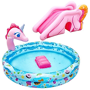 BANZAI Spray 'N Splash Unicorn Pool, Length: 78 in, Width: 60 in, Height: 32 in, Inflatable Outdoor Backyard Water Slide Splash Toy