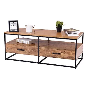 Giantex Coffee Table Two Tiers W/Drawers Storage Metal Solid Frame, Natural Wood Decorative Line Pattern, for Living Room Bedroom Accent Cocktail Sofa Side Table