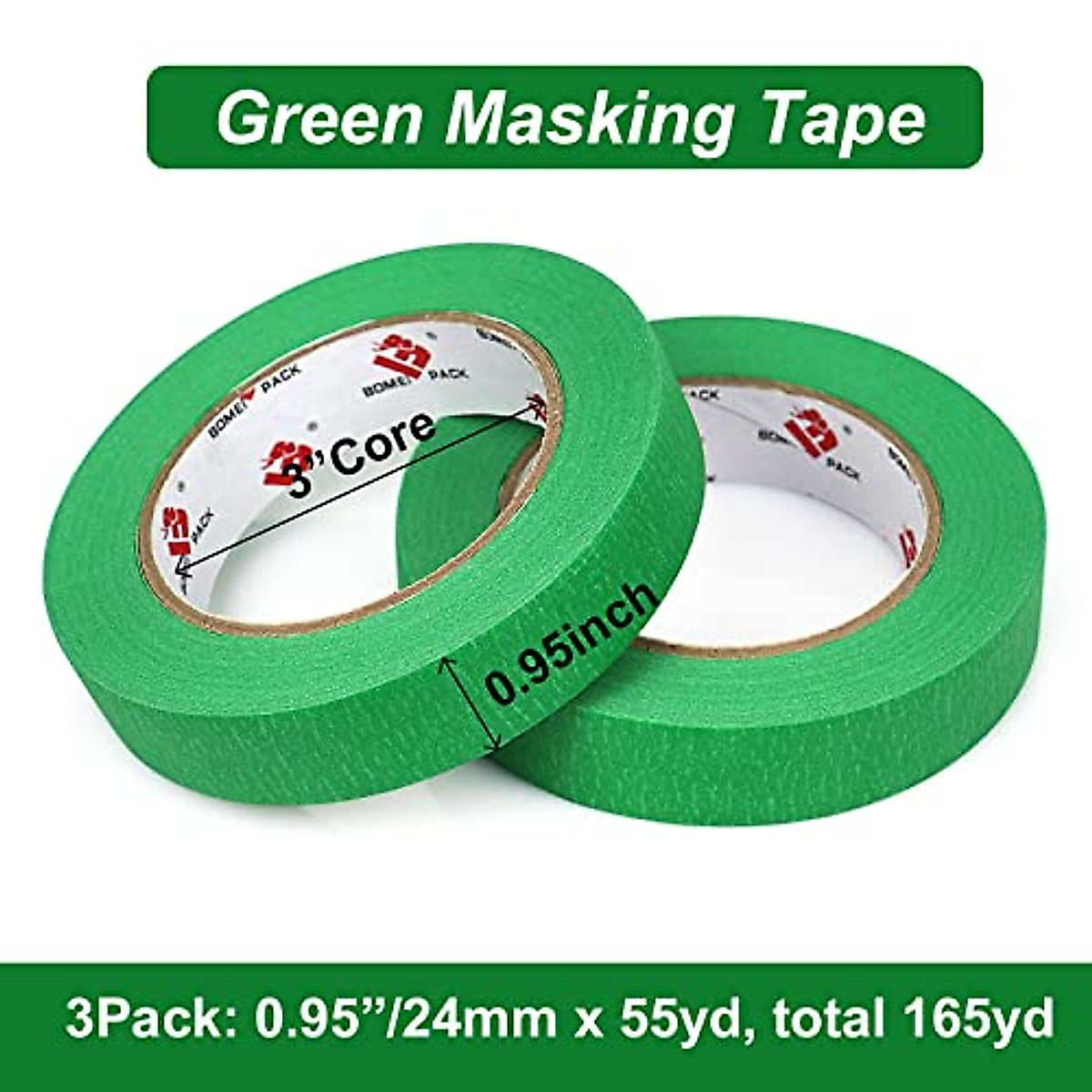 BOMEI PACK 3 Pack Green Painters Tape 0.94-Inches x 55 Yards, Green Painters Masking Tape Bulk for Painting, Labeling, DIY Crafting, Decoration and School Projects
