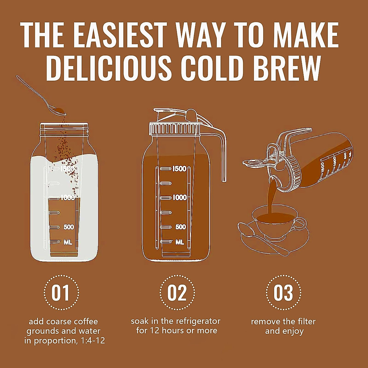 Cold Brew Coffee Maker Mason Jar 64oz, Durable Thick Glass Cold Brew Pitcher Flip Cap Spout Lid w/Handle, Heavy Duty Stainless Steel Filter, Lemonade, Ice Tea Pitcher, Homemade Fruit Drinks Container