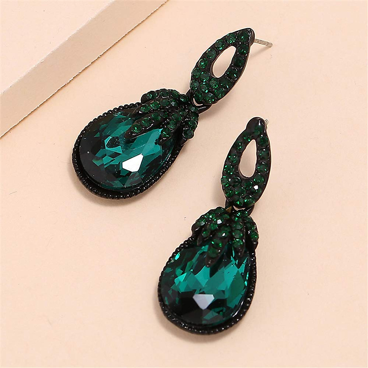 Vintage Rhinestone Dangle Earrings for Women Girls Dark Green Teardrop Crystal Drop Statement Huggie Studs Retro Boho Earring Luxury Birthday Wedding Party Jewelry